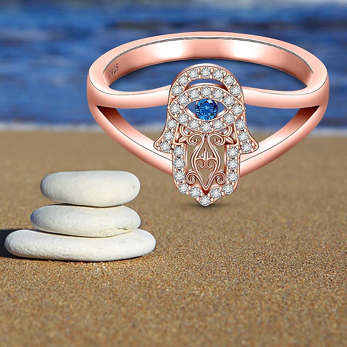 Evil Eye Hamsa Ring Hand of Fatima Rings for Women 925 Sterling Silver Protection Good Luck Spiritual Rose Gold Plated Blue Third Eye Jewelry Dainty Christmas Gifts Size 7