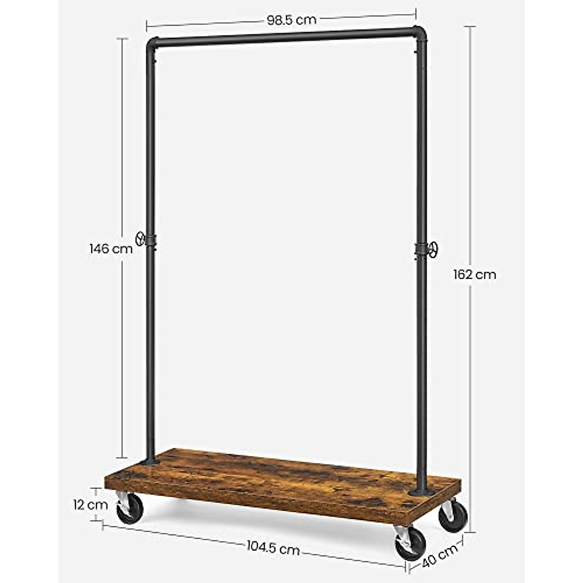 VASAGLE Clothes Rail for Bedroom, Heavy-Duty Clothes Rack, Industrial Pipe Rolling Garment Rack with Shelf, Top Rail Max. Load 90 kg, Laundry Room, Retail Store, Rustic Brown and Black HSR65BXV1