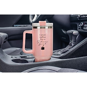 Elanze Designs I Drink Coffee Like A Gilmore Girl 40 oz. Stainless Steel, Large Water Bottle Coffee Mug, Spill & Leak Resistant, Thermal Travel Tumbler with Handle, Lid & Straw, Pale Pink