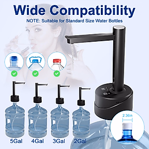 Latedaux 5 Gallon Dual-use Desktop Electric Water Bottle Dispenser, USB Type-C Charging Automatic Countertop Drinking Water Bottle Pump for 2-5 Gallon, Smart Water Jug Dispenser for Camping(Black)