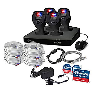 SWANN 1080P Video 8 Channel DVR Security Camera System, 1TB Hard Drive, 4 Indoor/Outdoor Cameras with Audio, Wired CCTV Home Surveillance, Color Night Vision, SwannForce LED Lights & Sirens, 846804SLB