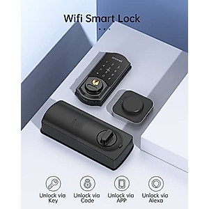 WiFi Door Lock,SMONET Remote Control Smart Deadbolt, Digital Electronic Keyless Entry Locks Bluetooth Touchscreen Auto Lock with Gateway Hub, Work with Alexa,APP,Code,Key for Home Front Door,Black