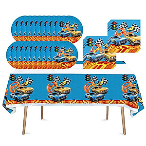 41 pcs hot cars Race Car Themed Party Supplies, 20 Plates, 20 Napkins and 1 Tablecloth, hot cars Race Car Birthday Party Decorations for Boys and Girls