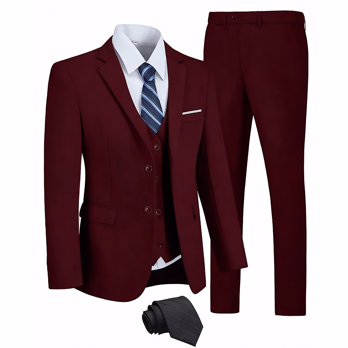 Mrkotyin Men Suits 3 Piece Suit Set Slim Fit, Dress Suits Set with 2 Button Tux Blazer Jacket Vest Pants for Party Wedding Business Burgundy-XXL