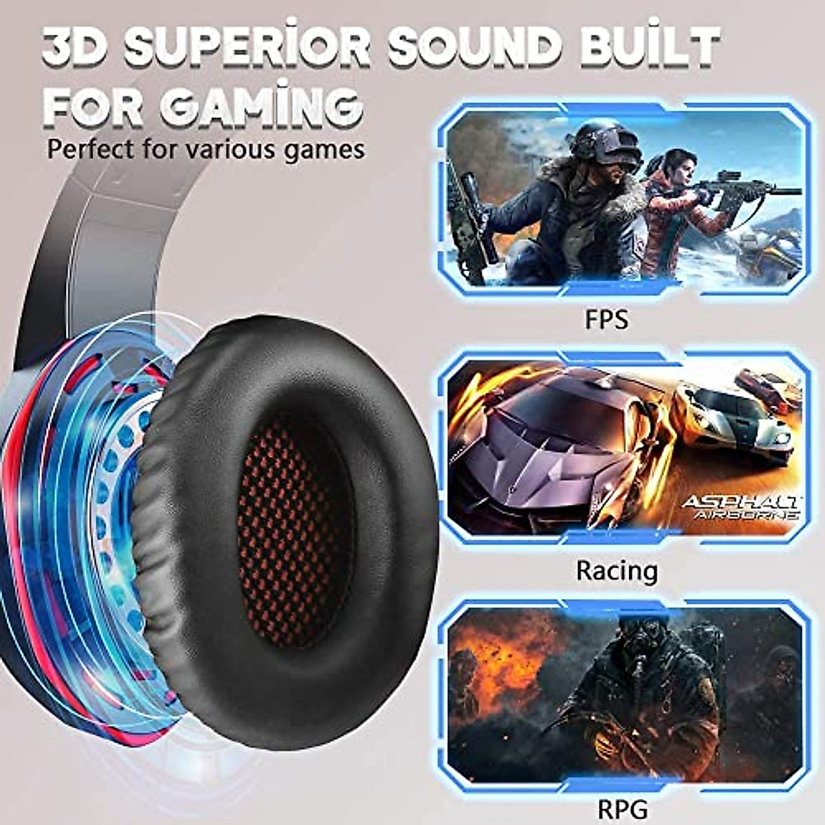 Donerton Gaming Headset, Over-Ear Gaming Headphones with Noise Canceling Mic, Stereo Bass Surround Sound, Soft Memory Earmuffs LED Light PS4 Gaming Headset Compatible with PC, Laptop, PS4, PS5, Red