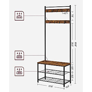 VASAGLE Coat Rack, Hall Tree with Shoe Storage Bench, Entryway Bench with Shoe Storage, 3-in-1, Steel Frame, for Entryway, 12.6 x 27.6 x 69.8 Inches, Industrial, Rustic Brown and Black UHSR41BX