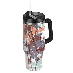 Yasala Car Tumbler with Handle Palm Tree Watercolor Travel Mug Coffee Cup Insulated Beverage Container Mega Cup for Hot Cold Drinking Thermos Water Bottle Cupholder Friendly 40 oz