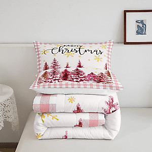 Erosebridal Merry Christmas Bedding Full Xmas Comforter Set for Kids Boys Girls Bedroom Cute Kawaii Bedding Comforter Sets Pink Grid Checkered Duvet Insert Happy New Year Holiday Quilted Comforter