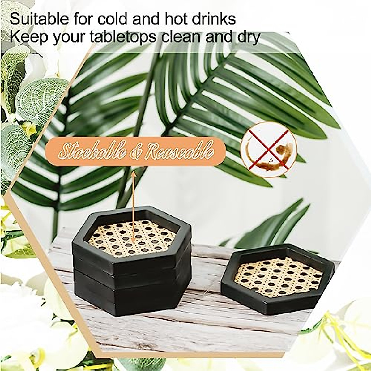 Rectangle Rattan Hometray Serving Tray with 4 Pcs Hexagon Rattan Black Coasters Ottoman Food Tray Rattan Decorate Basket Tray with Wooden Frame for Coffee Breakfast Drink Jewelry Accessory Square Tray