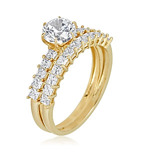 AVORA 10K Yellow Gold 1 Ct Solitaire Simulated Diamond CZ Anniversary Bridal Engagement Wedding Band Ring Set - Size 8