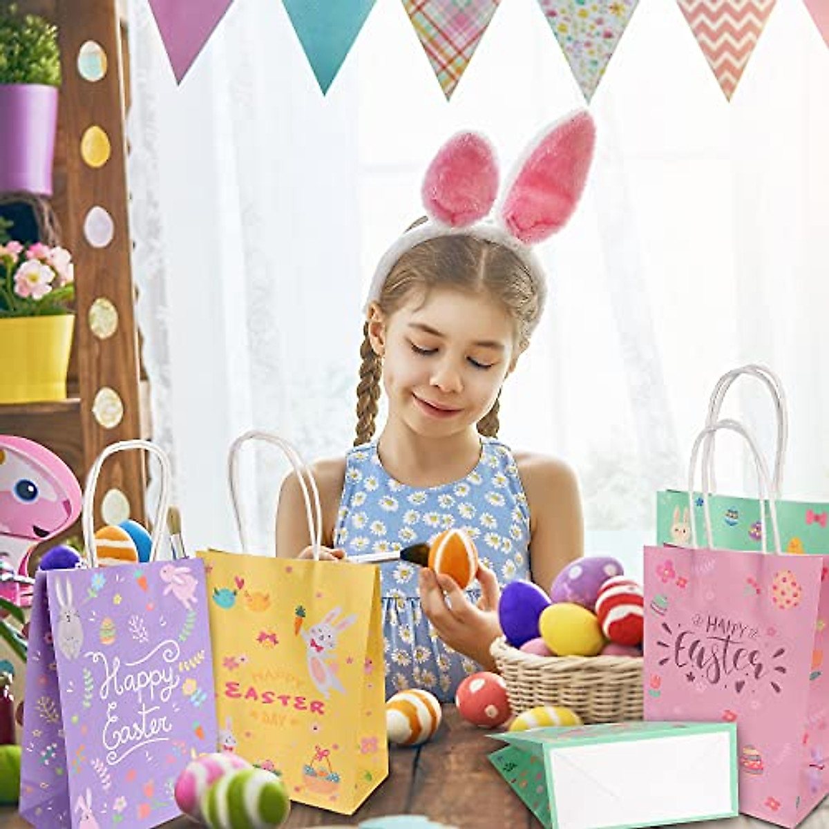 24PCS Easter Gift Bags, Easter Treat Bags with Handle,Easter Party Favor Bags, Easter Bunny Gift Bags Decorated with Happy Easter Egg Hunt and Chicks Pattern for Kids Spring Party