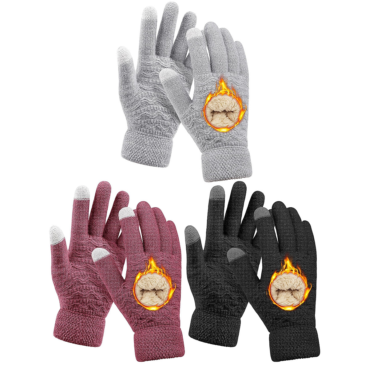 KUTTOR 3 Pairs Women's Winter Knit Plush Gloves Touch Screen Gloves Thermal Cable Knit Wool Fleece Lined Touchscreen Mittens