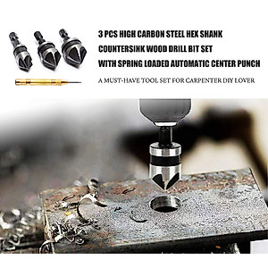 Tomato Palace Countersink Drill Bit Set 3 PCS High Carbon Steel Universal 1/4 inches Hex Shank Countersink Drill Bit Set for Wood + Spring Loaded Automated Center Punch