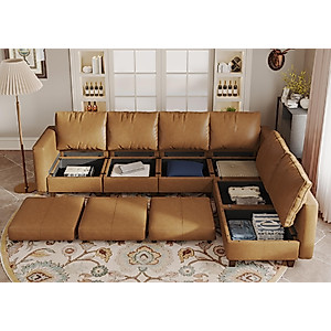 EASE MOOSE Modular Sleeper Sofa Bed Sectional Couch with Storage, Faux Leather Modular Couch Sectional Sofa, Brown
