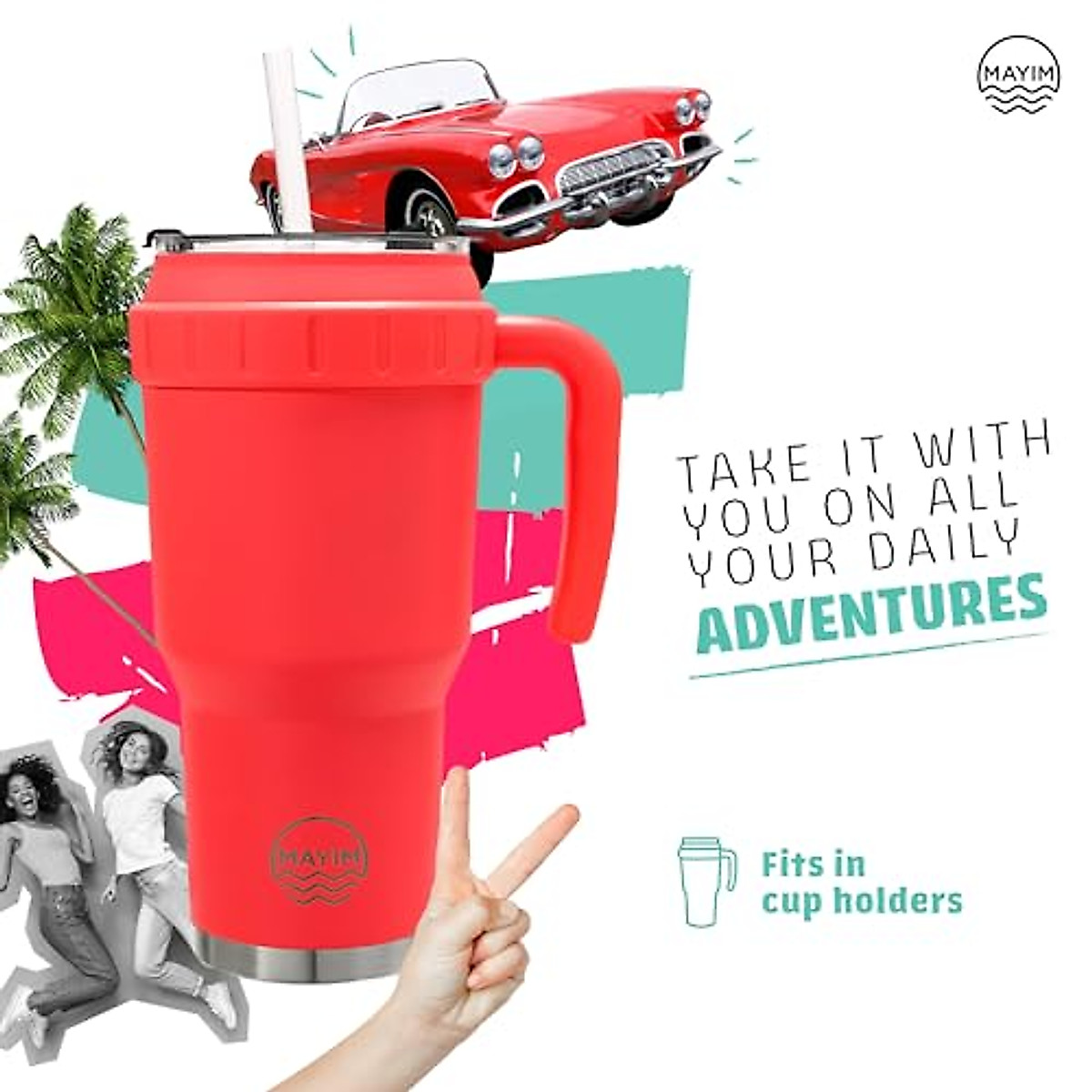 Mayim 40oz Tumbler with Handle, Travel Coffee Mug or Insulated Water Bottle with Straw and Lid, Leak Proof Stainless Steel Double Wall Thermos for Home, Office or Car - Neon Orange