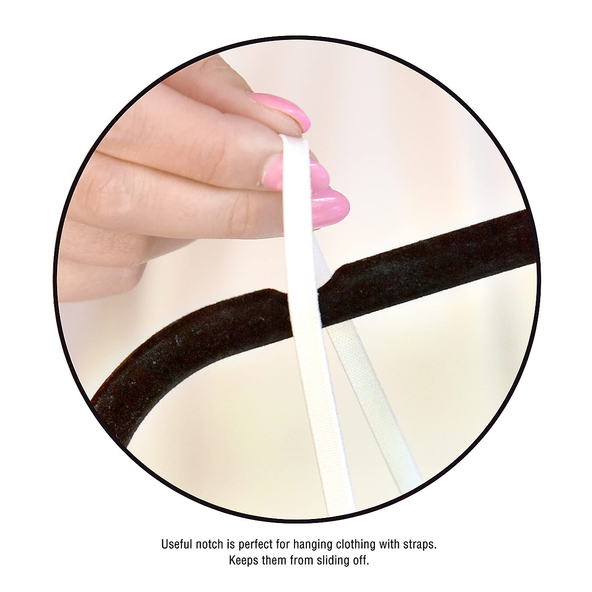 Closet Accessories Velvet Hangers, 50 Pack, Sturdy Heavy Duty Hangers Including Tie Bar, Notches, Rounded Shoulder, Non Slip Material, and 360° Chrome Hook. (Black)