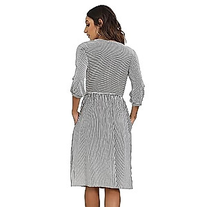 MEROKEETY Women's 3/4 Balloon Sleeve Striped High Waist T Shirt Midi Dress