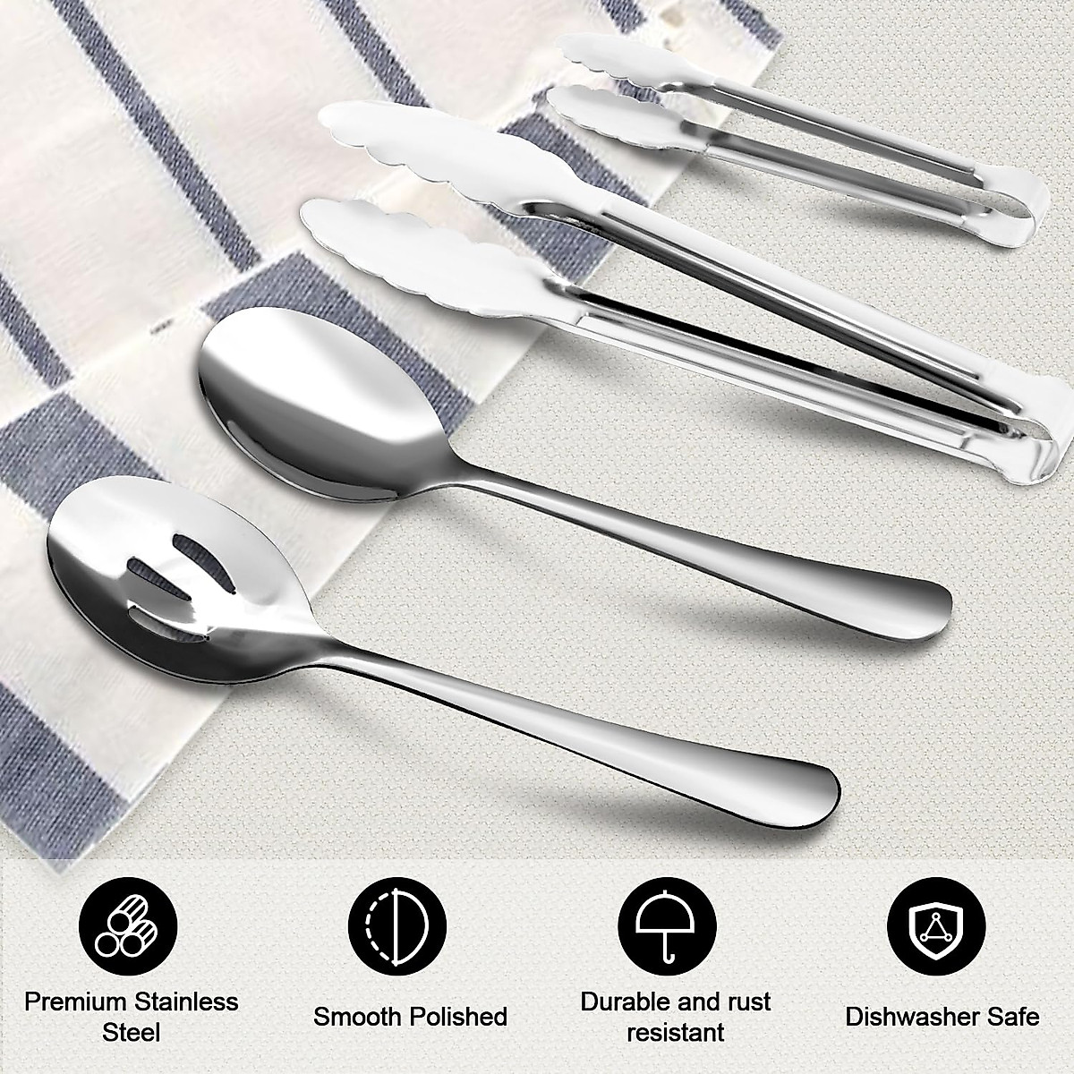 12PCS Stainless Steel Serving Utensils Sets - Large Serving Spoons,Slotted Spoons,Serving Tongs,Appetizer Tongs,Utensills Sets for Buffet Catering Banquet Party (Silver)