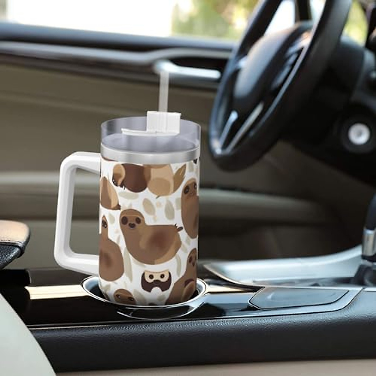 HULIBIN Brown Sloth Print Double Deck Stainless Steel Travel Coffee Cup With Lid 40 Oz Ice Bully Cup
