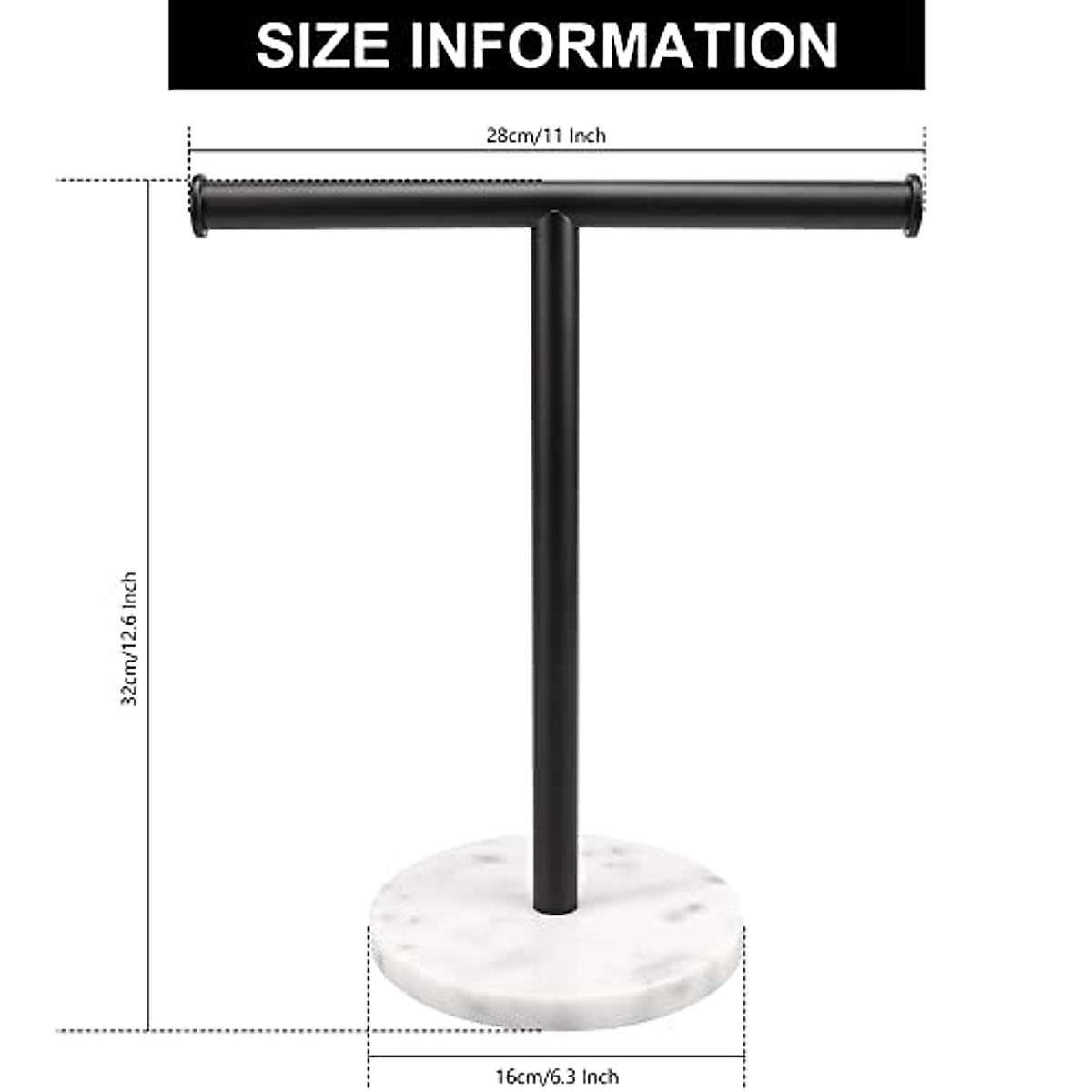 Winmien Stand Towel Rack with Thickened Marble Base, SUS304 Stainless Steel T-Shape Hand Towel Holder for Bathroom Vanity Countertop (Matte Black+Marble)