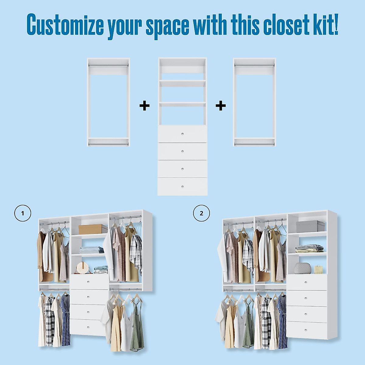 Closet Kit with Hanging Rods, Shelves & Drawers - Corner Closet System - Closet Shelves - Closet Organizers and Storage Shelves (White, 66 inches Wide) Closet Shelving