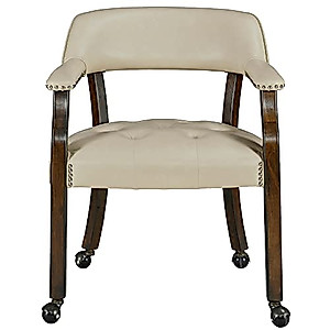 LEEMTORIG Dining Chairs with Casters and Arms, Faux Leather Accent Kitchen Table Chairs with Wheels, Roller Poker Table Chair, Wooden Captains Chair, Espresso Legs & Beige, XXY-1910-BG