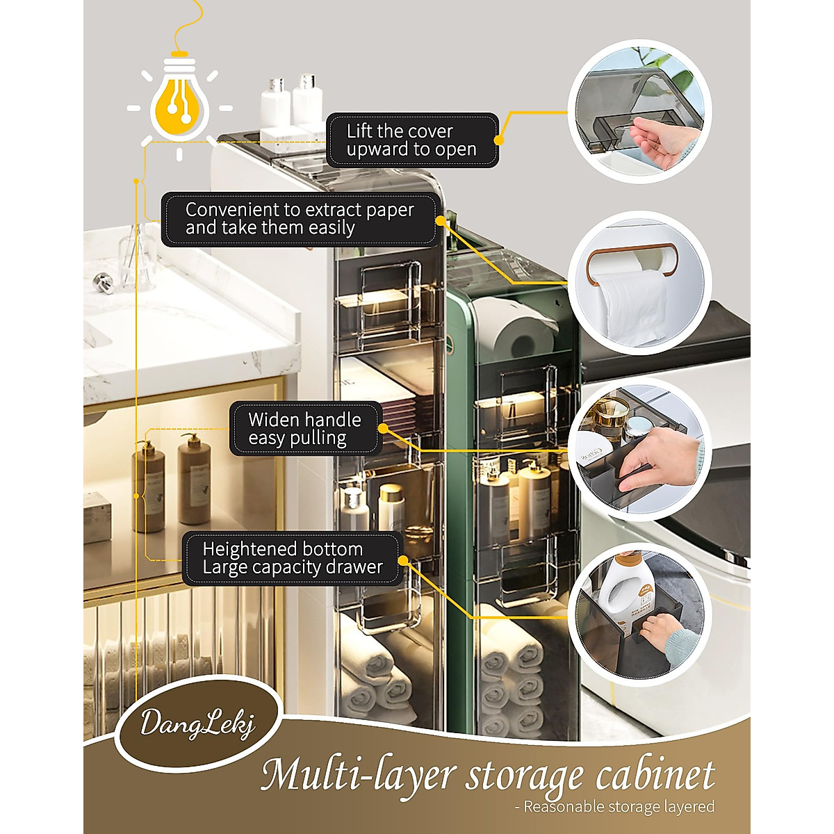 4 Tier Bathroom Floor Cabinet, Vertical Storage Unit with Clear Drawers and Casters, Large Capacity Narrow Tall Slim Storage Tower Waterproof Toilet Paper Storage Cabinet for Small Spaces Gaps