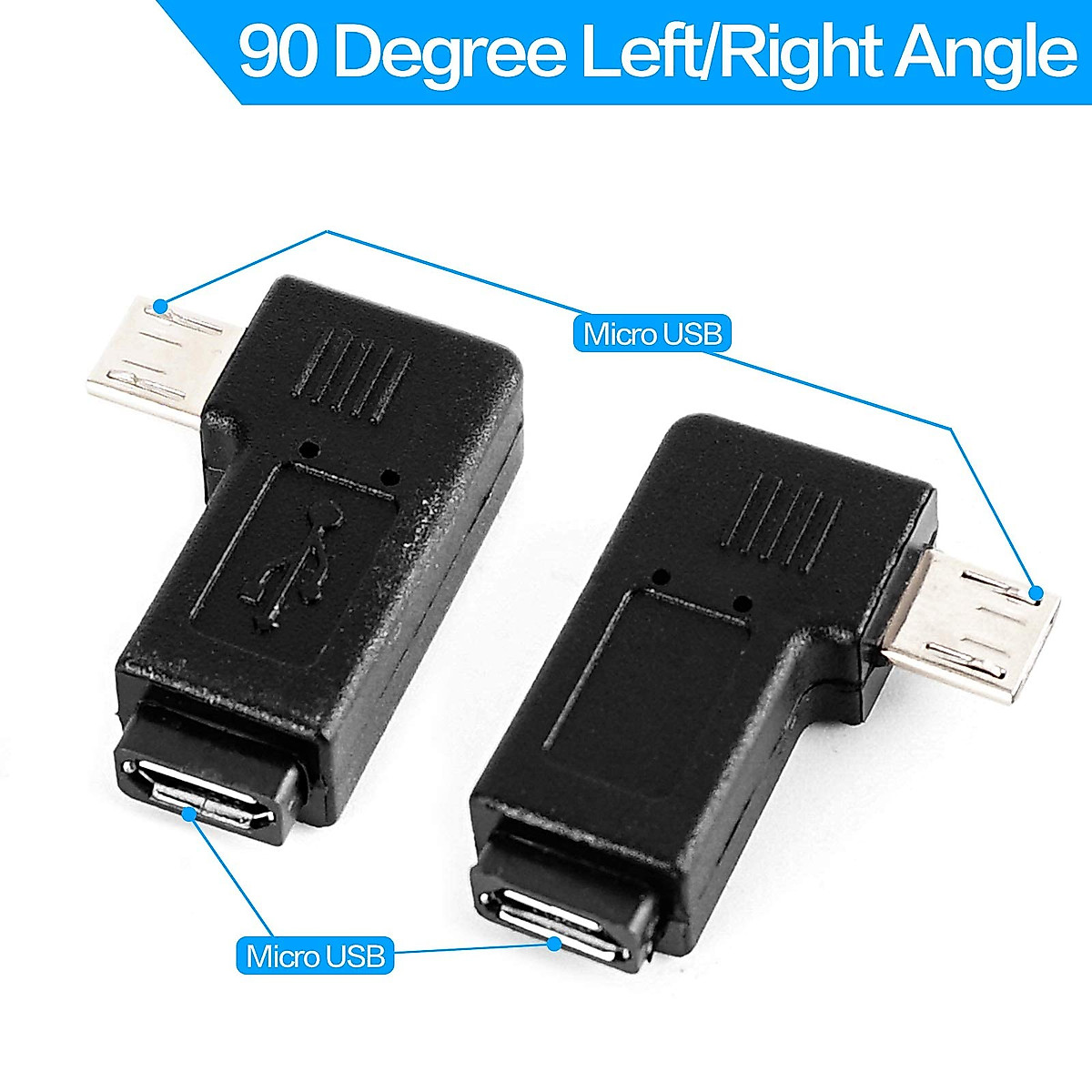Inovat 1 Pair Right Left Angle Micro USB Male 90 Degree USB Male to Micro Female Plug Adapters