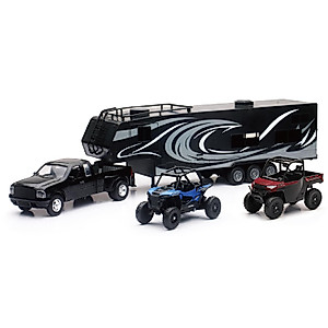 New Ray Toys Die cast Pick up Truck with Toy Hauler and 2 Polaris Vehicles (Blue RZR and red Ranger)
