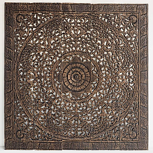 Hand Carved Flower Wood Carving Queen Size Bed Headboard Wall Mounted Sculpture 60 inches