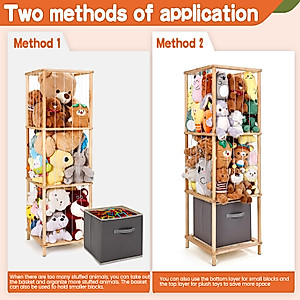ACEPRUT Wood Stuffed Animal Storage Holder with Storage Basket, Space Save Three Tier Vertical Large Stuffed Animal Zoo Organizer for Playroom Bedroom, Toy Storage Birthday Gifts for Kids