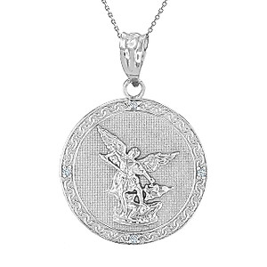 .925 Sterling Silver Saint Michael The Archangel White Cubic Zirconia Accented 1” Medal Pendant Necklace with Rolo Chain - 20" Chain