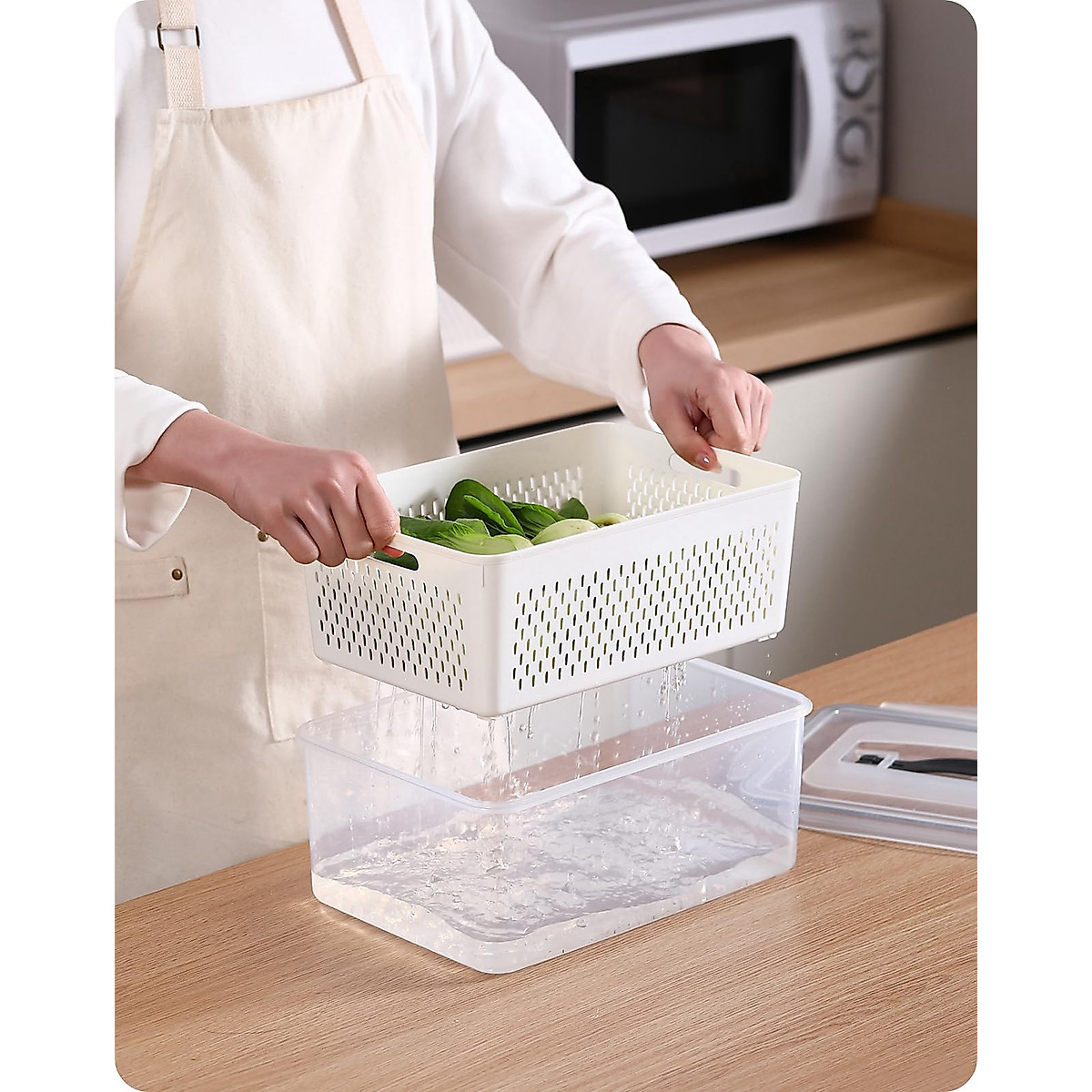 Large Produce Saver with Removable Colander and Handle, Vegetable Storage Keeper Airtight Leakproof Keep Fresh Longer Lettuce Containers BPA-FREE Big Size Veggies Banana Fruit Preserver 14 Cup/3.3L
