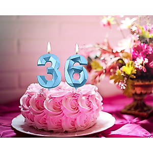 2 inch Blue 36 Birthday Candles, 3D Diamond Number 36th Cake Topper for Boys Girls Birthday Party Decorations Theme Party