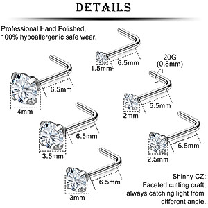 Kridzisw 20G Nose Rings Stud Piercing Jewelry for Women 20Gauge Stainless Surgical Steel Silver Stud Nose Ring L Shaped Bend Curved Nose Nostril Ring Stud Piercing Jewelry Men 1.5mm 2mm 2.5mm 3mm 4mm
