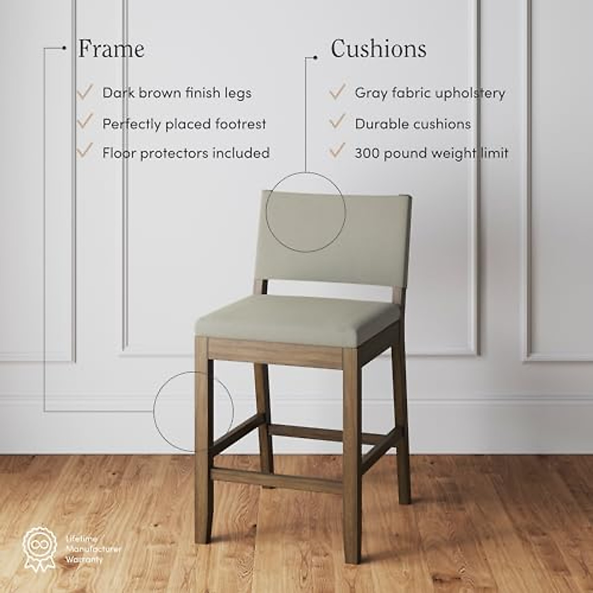 Nathan James Linus Modern Upholstered Counter Height Bar Stool with Back and Solid Rubberwood Legs in a Dark Brown Wood, Natural Light Grey/Brown, Set of 4
