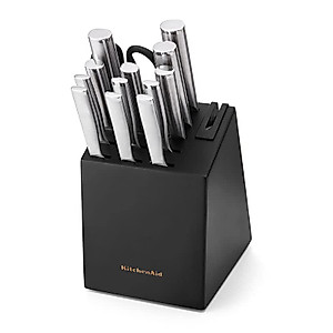 KitchenAid Gourmet Forged Stainless Steel Knife Block Set with Built-in Knife Sharpener, High-Carbon Japanese Stainless Steel Kitchen Knives, Sharp Kitchen Knife Set with Block, 14 Piece, Black