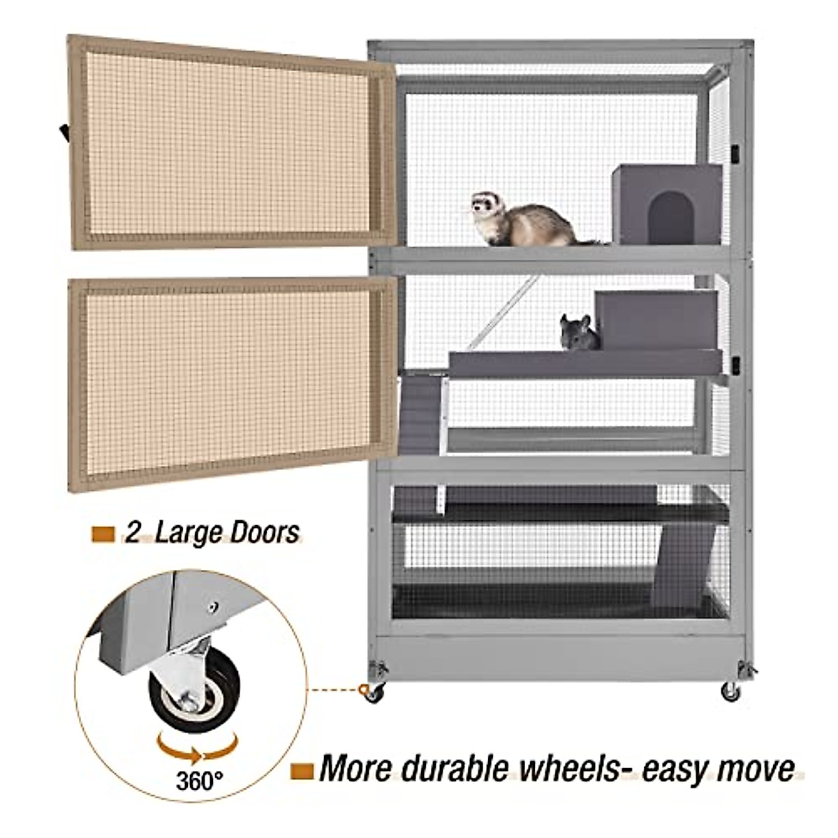Ferret Cage Chinchilla Cage Large 4 Levels Critter Nation Cage Perfect for Ferret,Chinchilla, Rat, Squirrel, Lizard and Other Small Animal,Upgrade Anti-Chewing (Grey)
