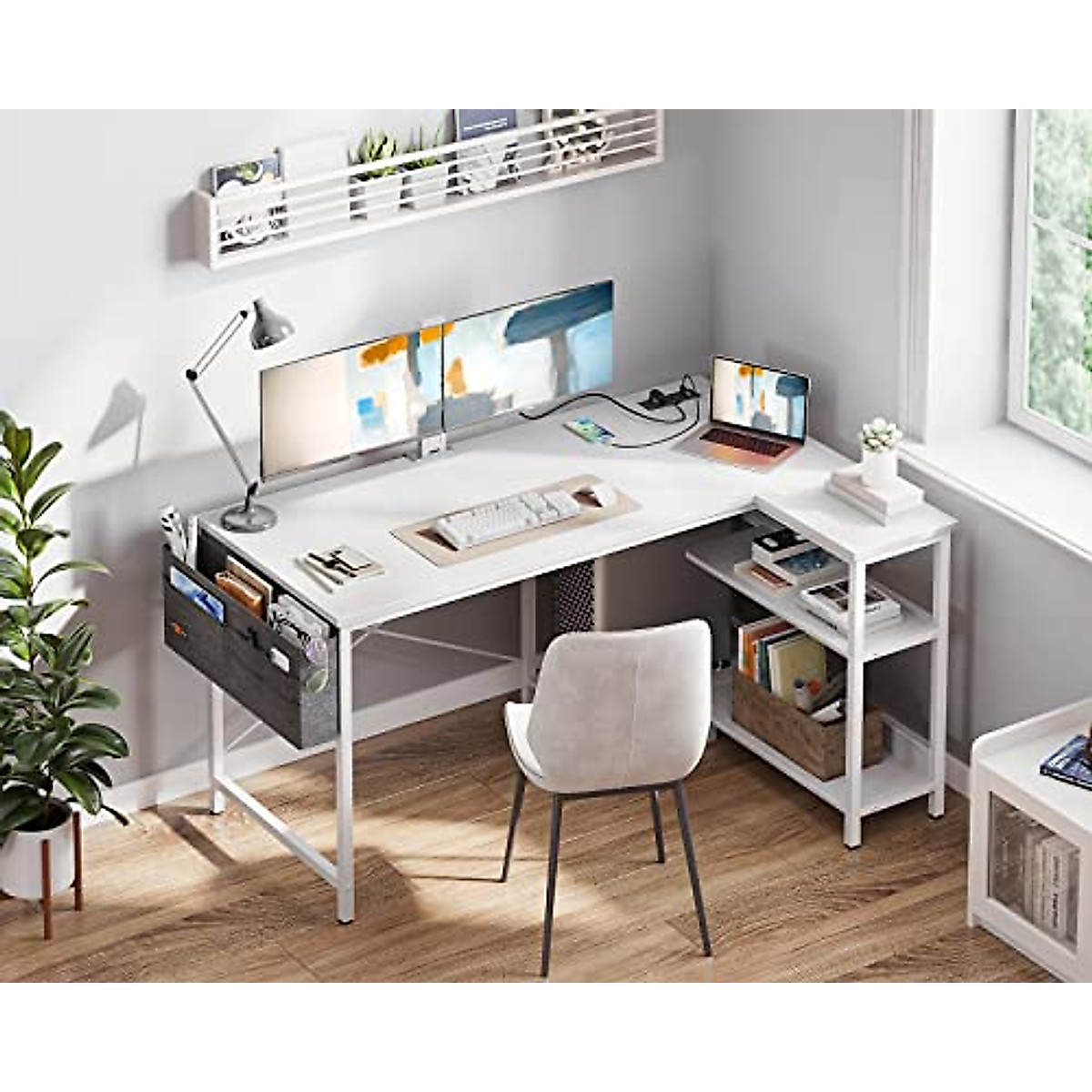 ODK 48 Inch Small L Shaped Gaming White Computer Desk with Power Outlets, Corner Desk with Reversible Storage Shelves & PC Stand for Small Space Home Office, Modern Simple Writing Table, White