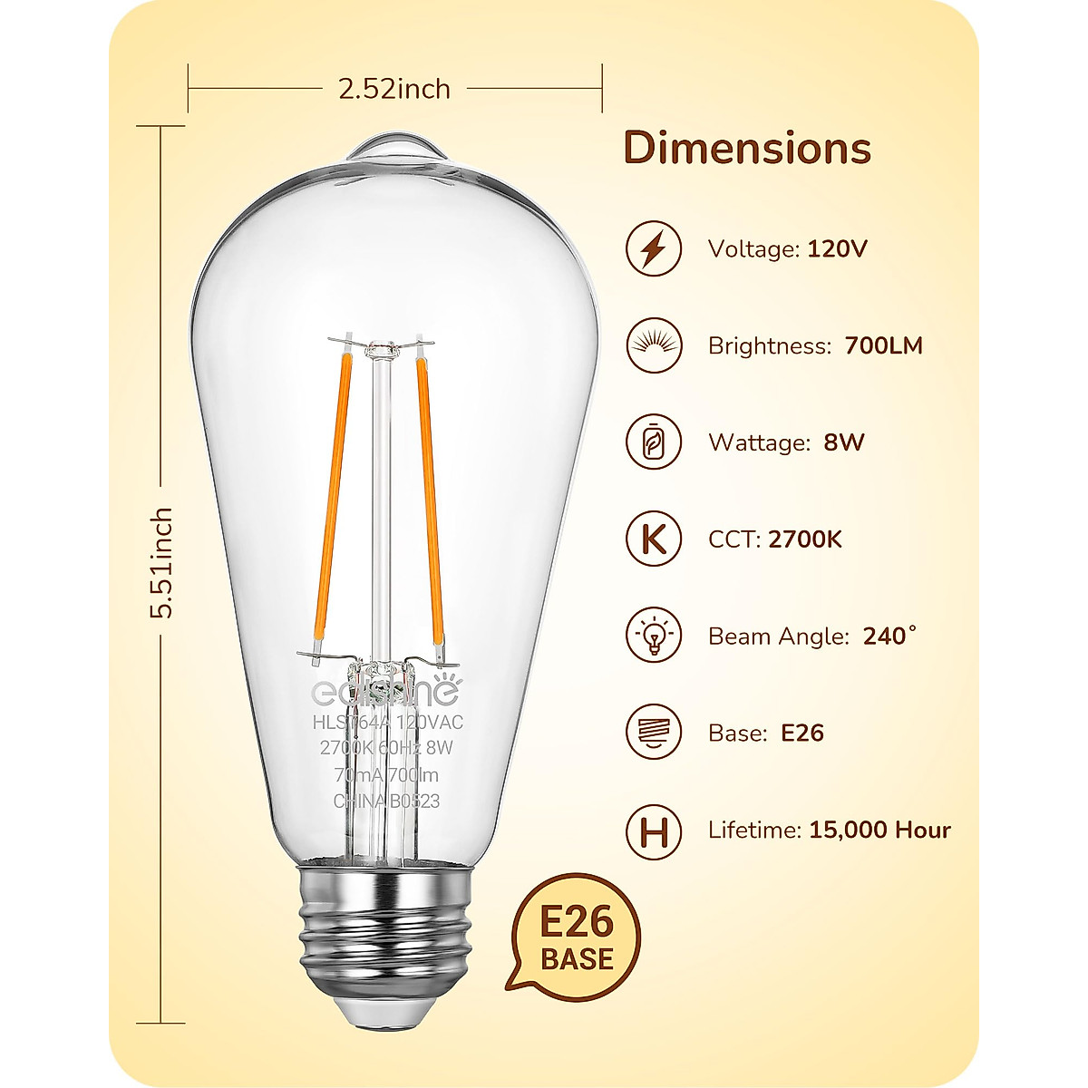 EDISHINE 6 Pack Dusk to Dawn LED Outdoor Light Bulb, Vintage Styled ST64 LED Edison Filament Bulb, 700LM 2700K Warm White with E26 Base, 8W Equivalent 60W, Light Sensing Outdoor, UL Listed