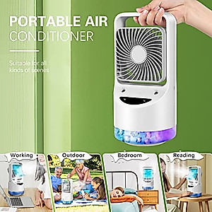 Portable Air Conditioner Fan, Rechargeable Evaporative Air Cooler, Personal Air Cooler Humidifier with 3-Speed, 90° Oscillating, 7 Colors Light, Aroma Discs, Desk Cooling Fan for Home Office Camping