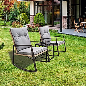 YIYAN 3 Piece Bistro Set Outdoor Patio Rocking Wicker Chairs with Washable Cushion and Coffee Table (Gray)