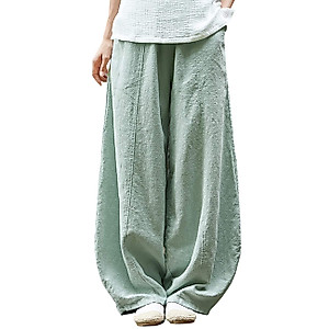 IXIMO Women's Casual Cotton Linen Baggy Pants with Elastic Waist Relax Fit Lantern Trousers Green XL