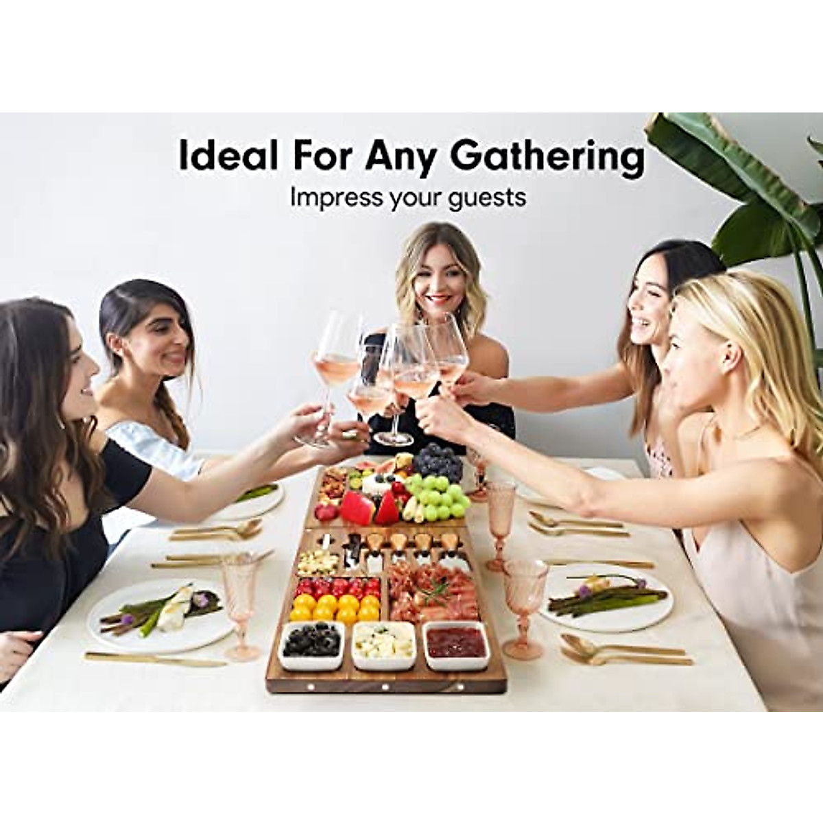 Easoger Acacia Cheese Board and Knife Set - 28" × 11" Extra Large Charcuterie Board Set, Magnetic 3 in 1 Cheese Tray Platter with Rich Accessories, Gift for House Warming, Anniversary, Christmas