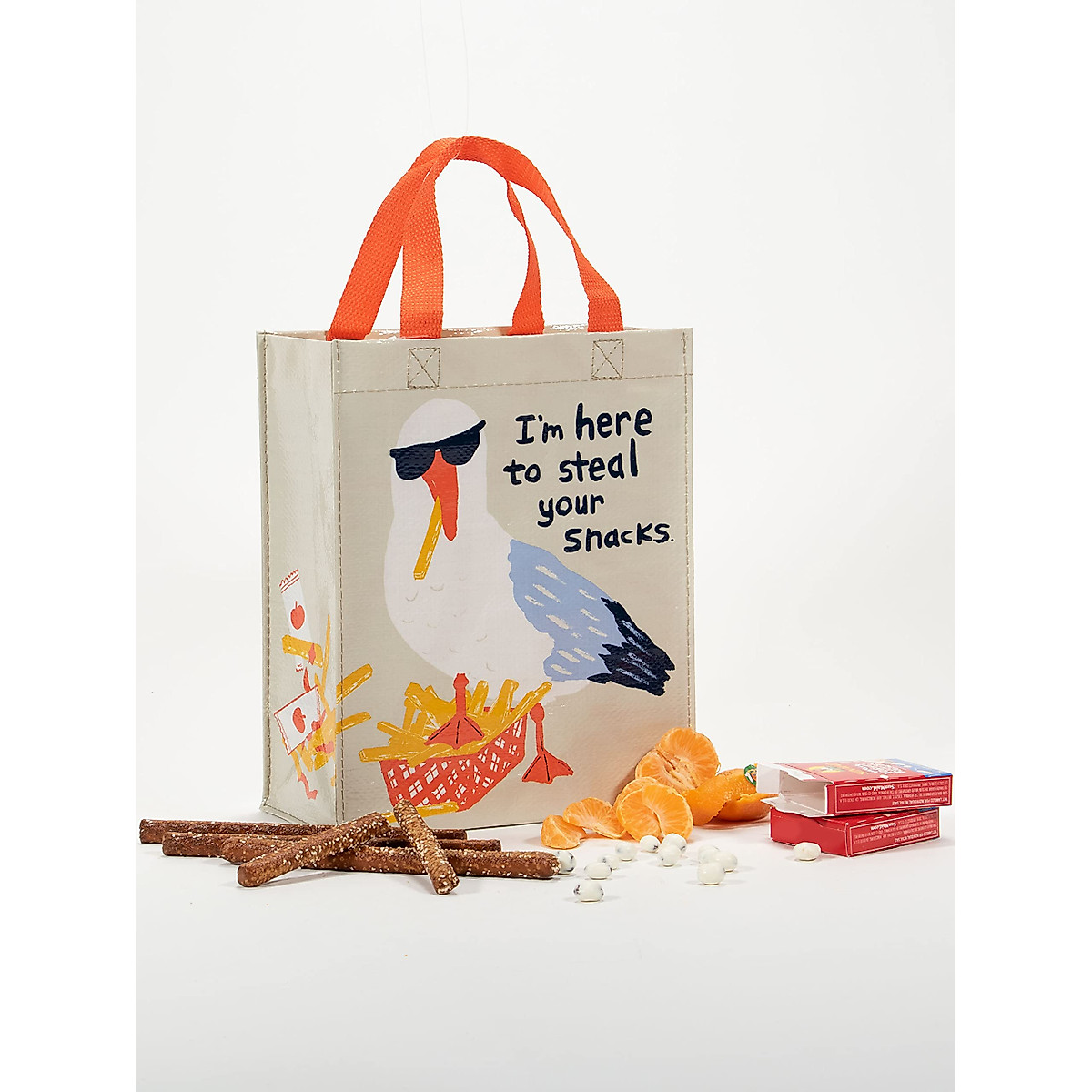 Blue Q Handy Tote - I'm Here to Steal Your Snacks. Reusable lunch bag, little tote, gift bag, sturdy and easy-to-wipe-clean, made from 95% recycled material, 10" h x 8.5" w x 4.5" d