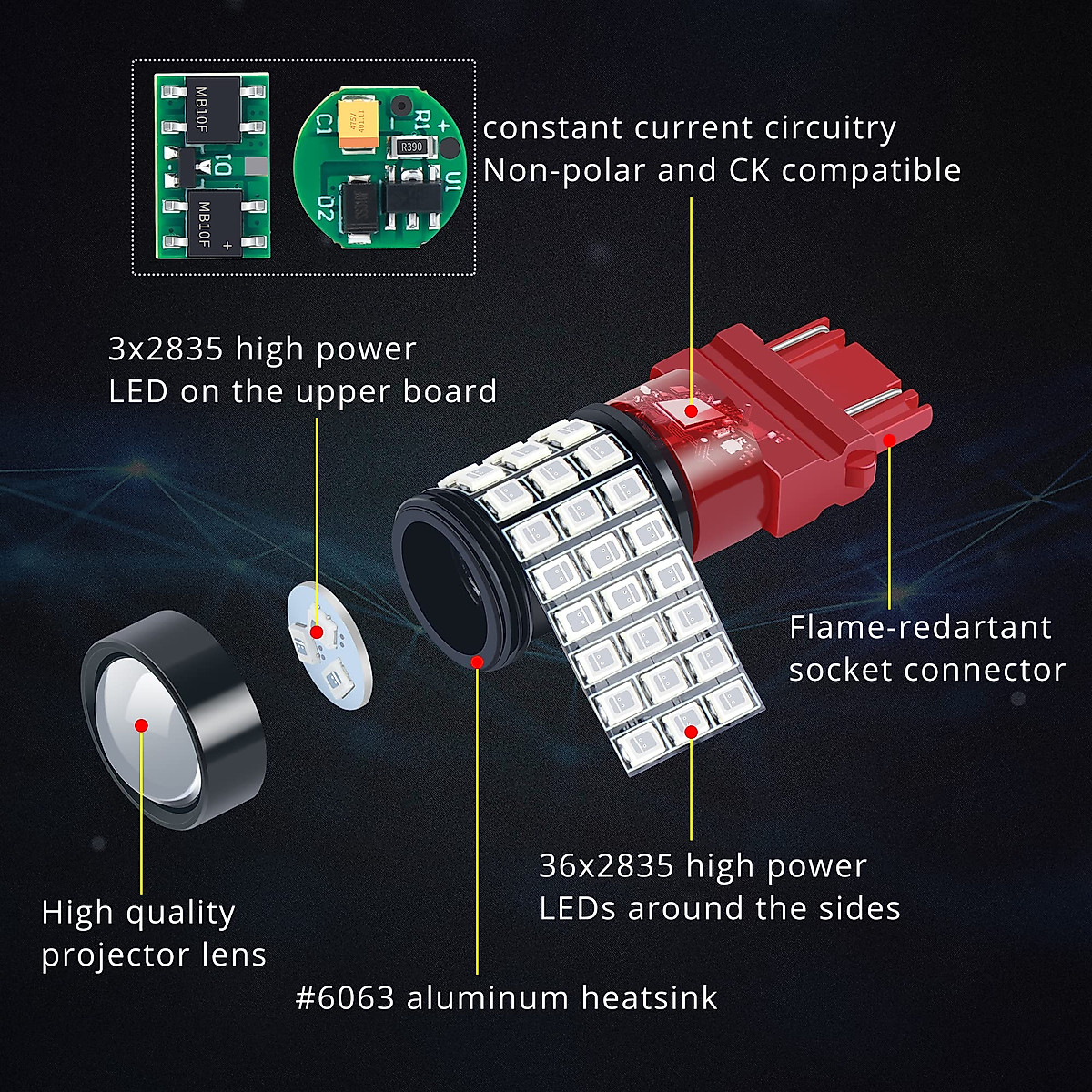 Alla Lighting Newly Upgraded 3156 3157 Red LED Bulbs, Brake Stop Tail, Turn Signal Lights for Cars, Trucks, Motor, Super Bright 3056 3057 4157 3047 LL 4057 3457-K-X 12V SMD LED Lamps
