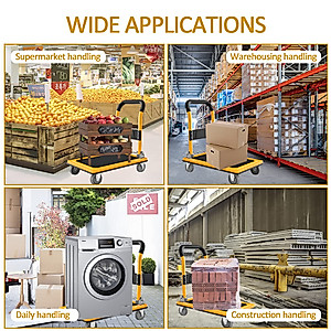 Gromay Push Cart Dolly 660lb Weight Capacity, Foldable Platform Truck,Yellow Moving Flatbed Cart with 4inch 360° Mute Wheels for Garage Garden Furniture Transport