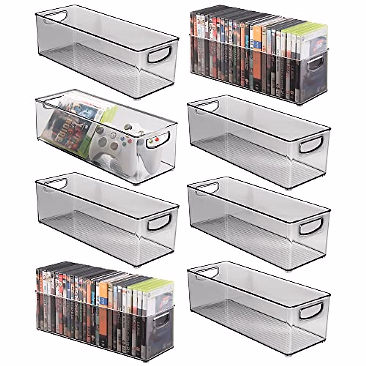 mDesign Plastic Video Game and DVD Storage Organizer - Game and Movie Disc Holder Bin with Handles for Home Media Console Stand and Closet Shelf - Ligne Collection - 8 Pack - Smoke Gray