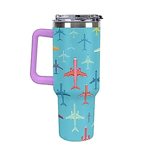 Colorful Airplanes Insulated Tumbler with Lid And Straw Stainless Steel Travel Coffee Mug 40oz Violet-style