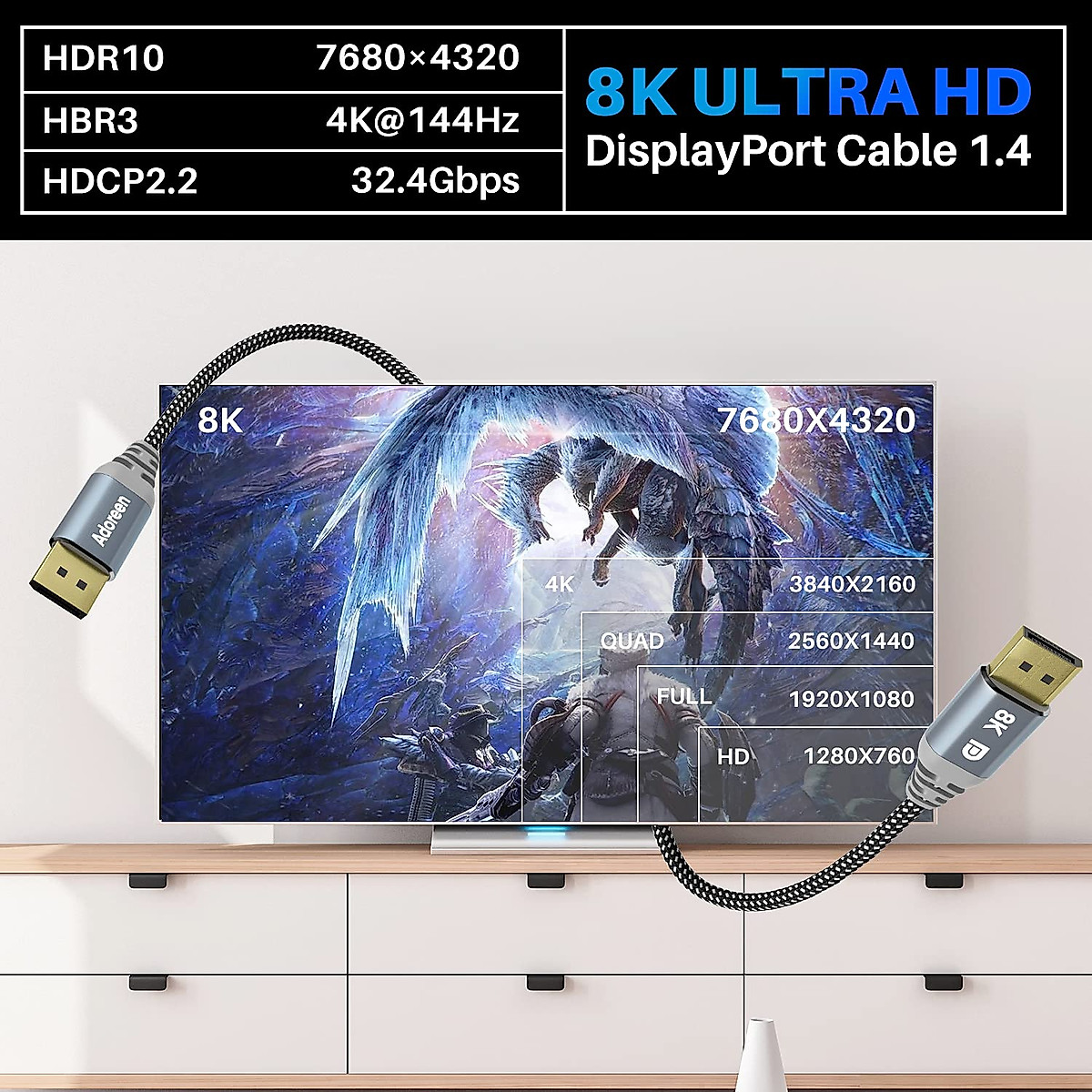 8K DisplayPort 1.4 Cable 8 Feet/2 Pack,Adoreen DP Cord(From 1.5-30FT)8K@60Hz 4K@144Hz 2K 1080P@240Hz 32.4Gbps HBR3 HDCP HDR,FreeSync G-Sync,Braided Display Port for Monitor Graphics+ 5 Ties-NOT HDMI